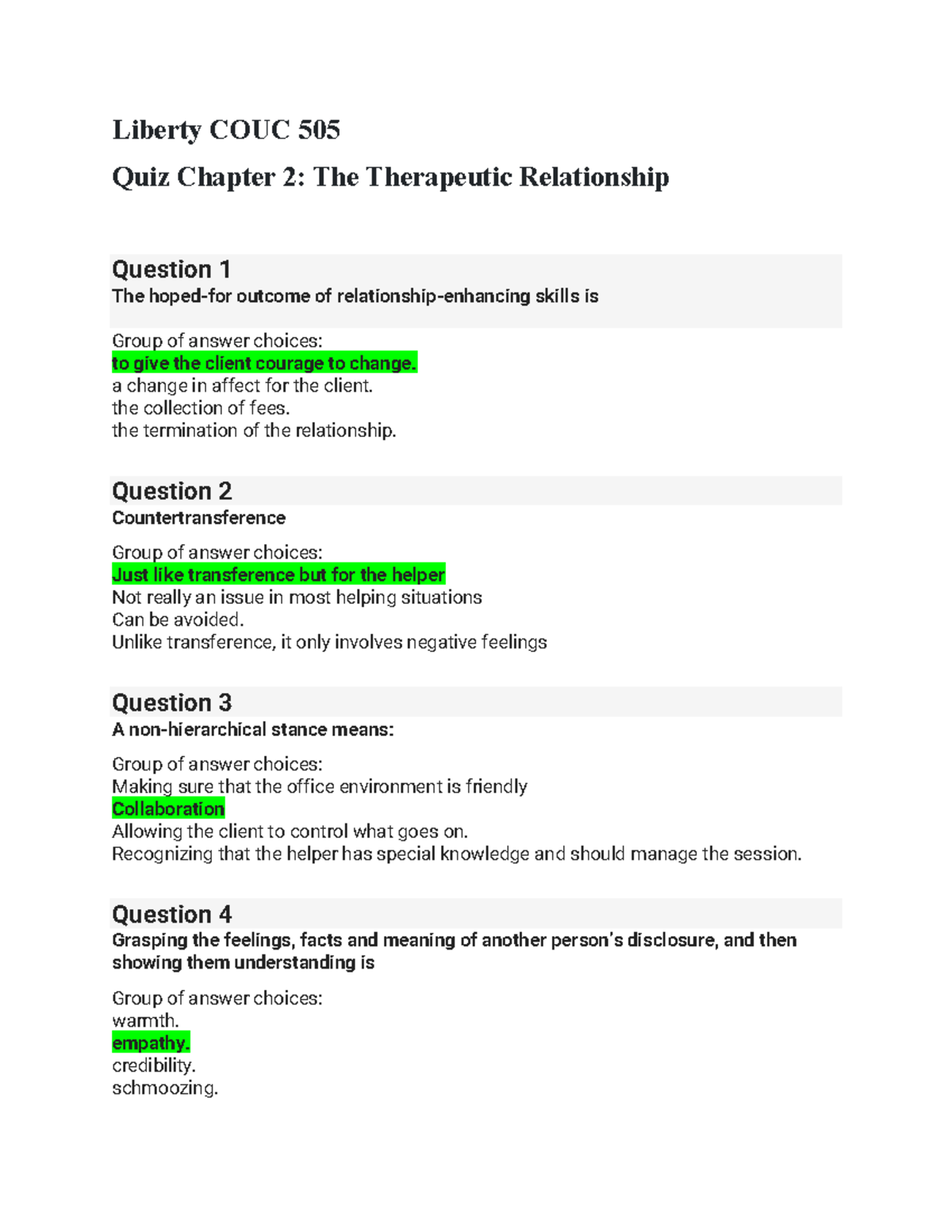 Liberty COUC 505 Quiz: Chapter 2 - The Therapeutic Relationship - Studocu