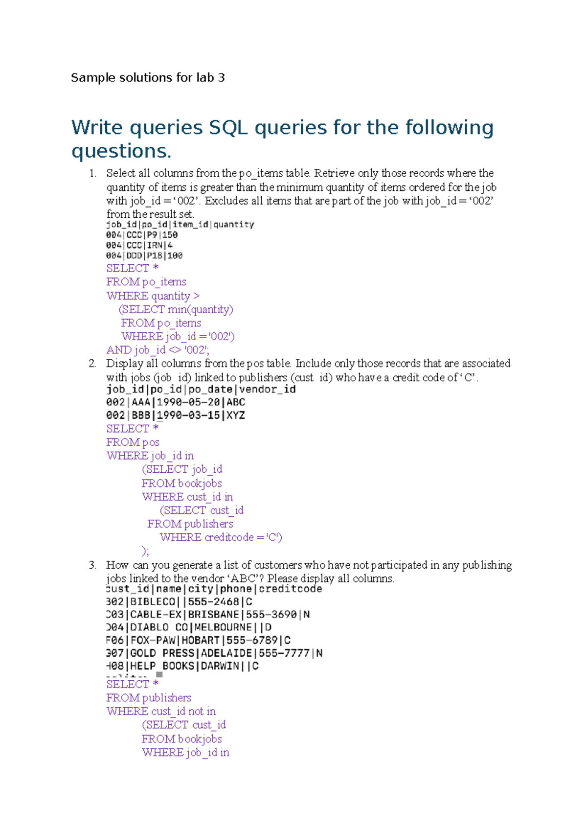 SQL Queries Solutions for Lab 3 - Studocu