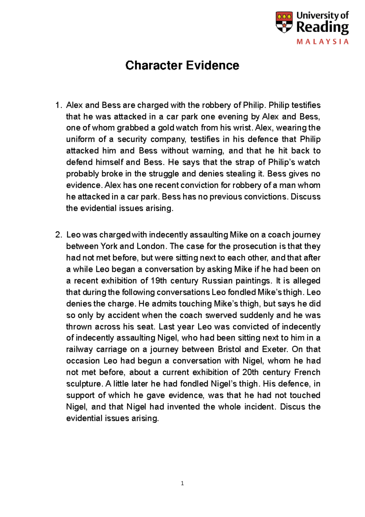 Character Evidence: Legal Issues in Robbery and Indecent Assault Cases ...