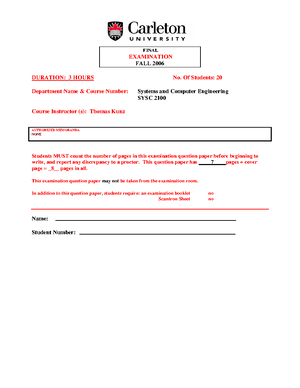 Sample final exam notes for SYSC 2100 - Fall 2004 - Studocu