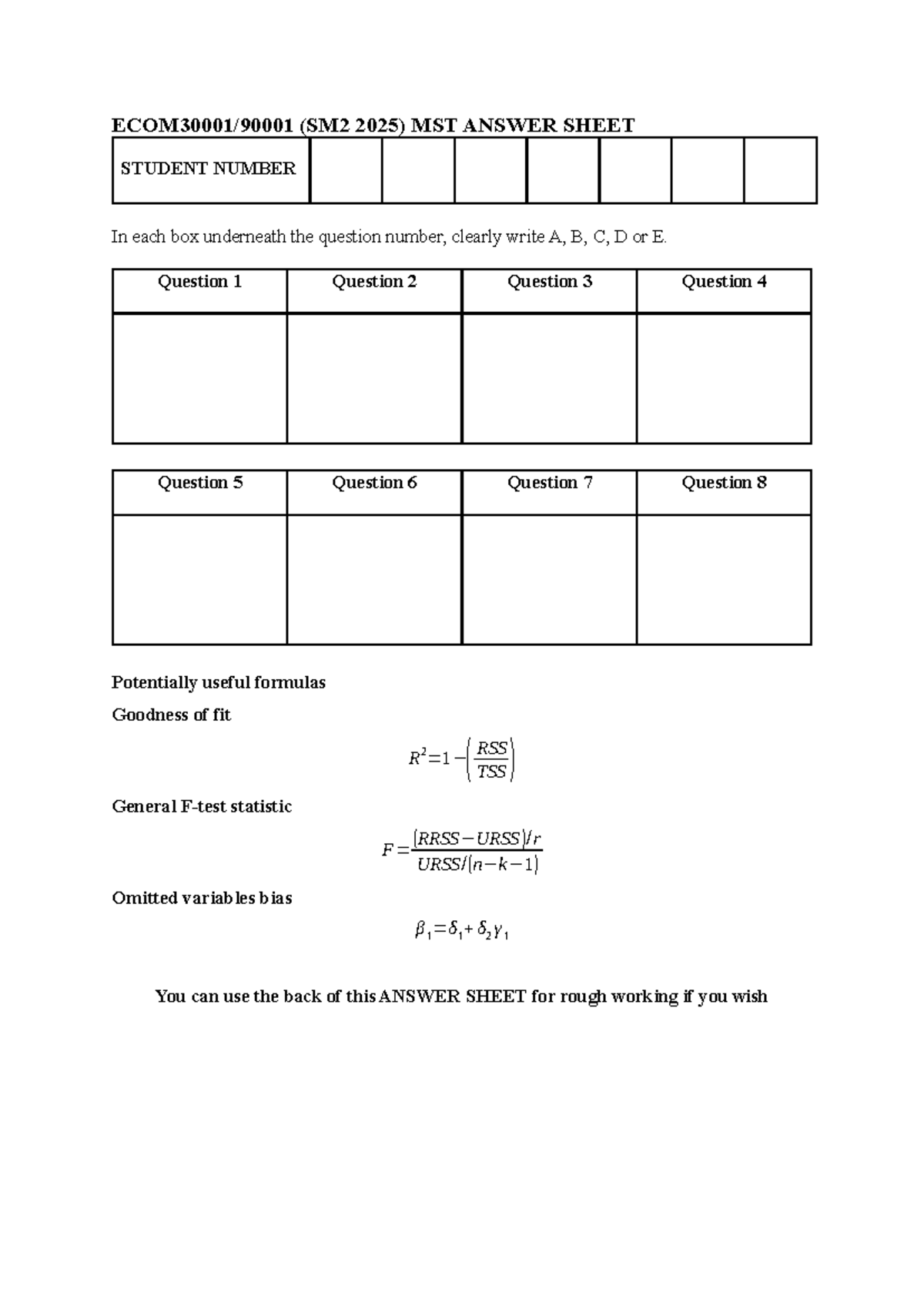Ecom30001 MST answer sheet - ECOM30001/90001 (SM2 2025) MST ANSWER ...