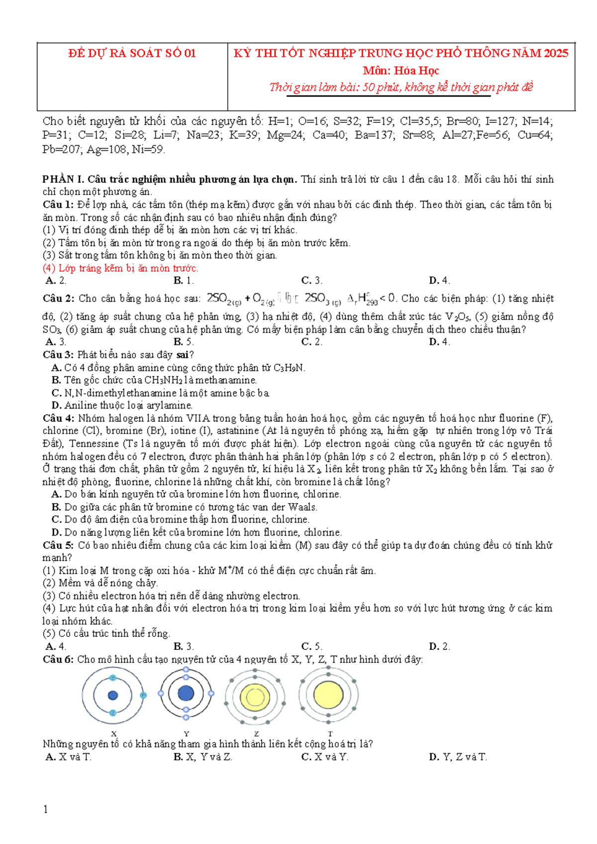 ĐỀ DỰ RÀ SOÁT SỐ 01 KỲ THI TỐT NGHIỆP HÓA HỌC 2025 - Studocu