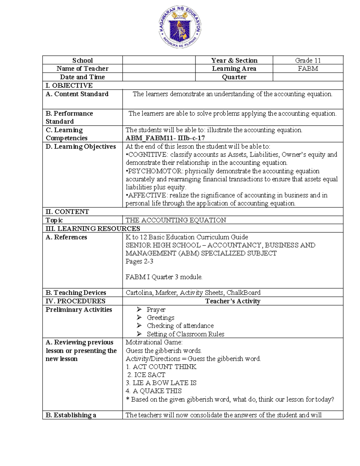 Lesson Plan: Understanding the Accounting Equation - Grade 11 FABM ...