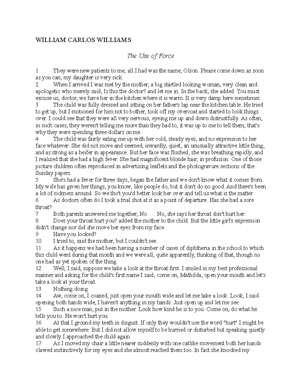 William Carlos Williams: Analyzing "The Use of Force" - Studocu