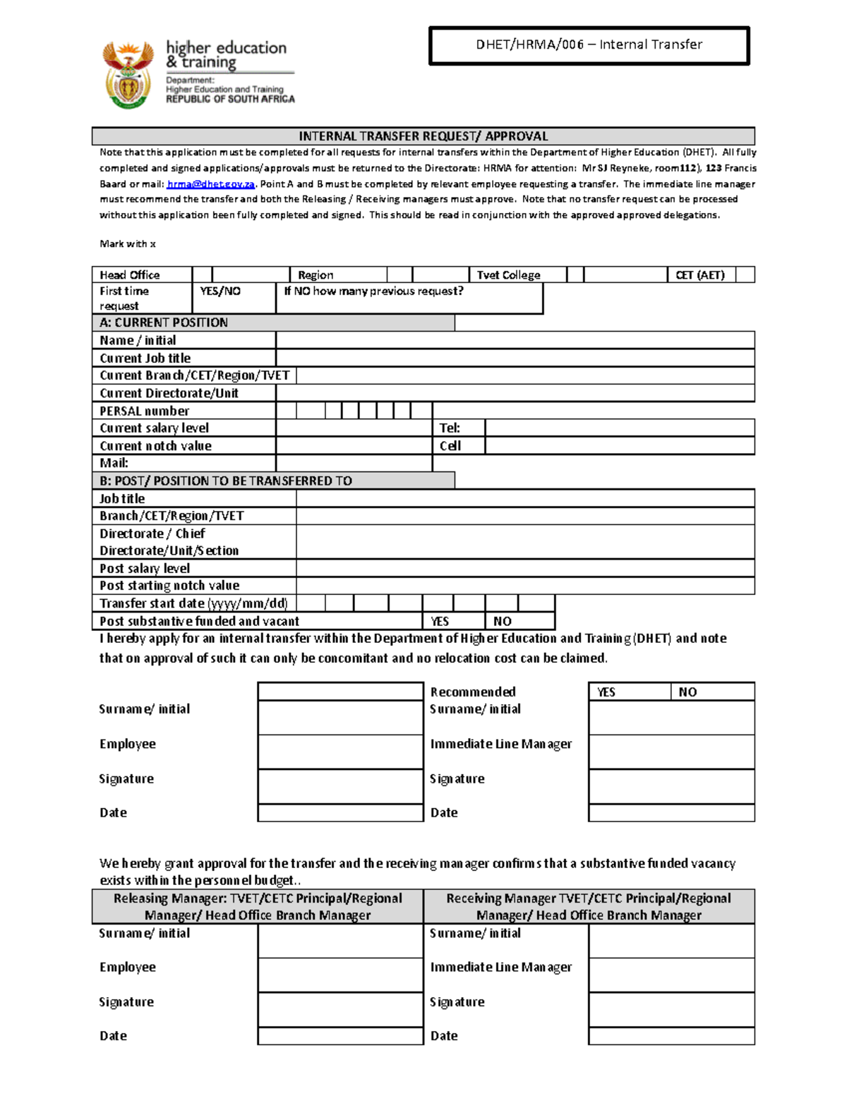 DHET Internal transfer application DHET HRMA 006 - INTERNAL TRANSFER ...