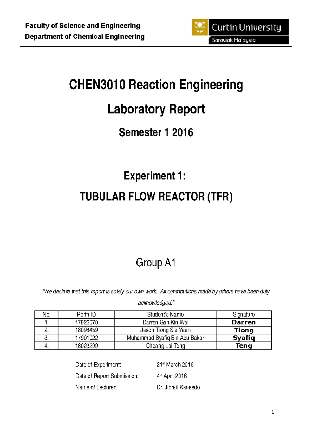 CHEN3010 Practical Lab Report: Tubular Flow Reactor Analysis - Studocu