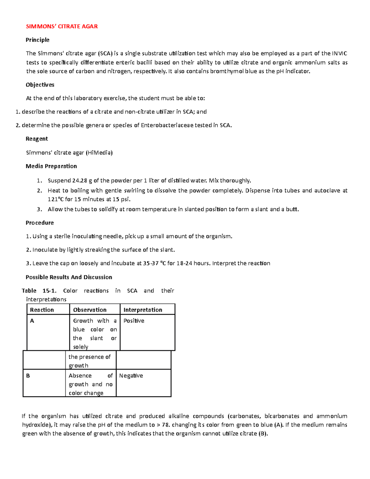 Simmons’ Citrate Agar Overview & Experimental Procedure Guide - Studocu