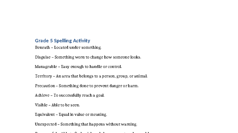 Grade 5 Spelling Activity: Vocabulary Definitions and Examples - Studocu