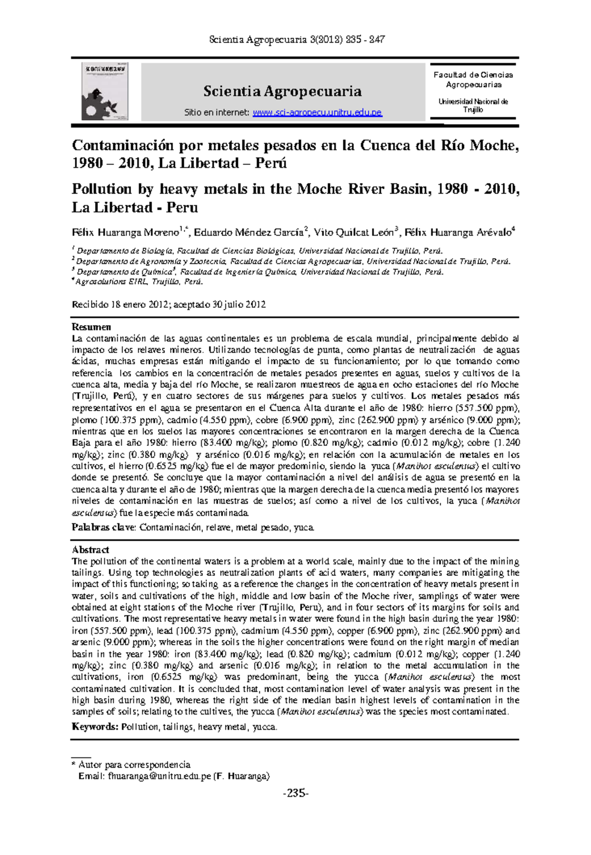 Contaminación por Metales Pesados en la Cuenca del Río Moche (1980-2010 ...