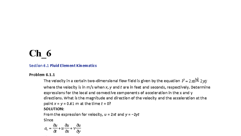Ch_6 Fluid Element Kinematics & Conservation of Mass Solutions - Studocu
