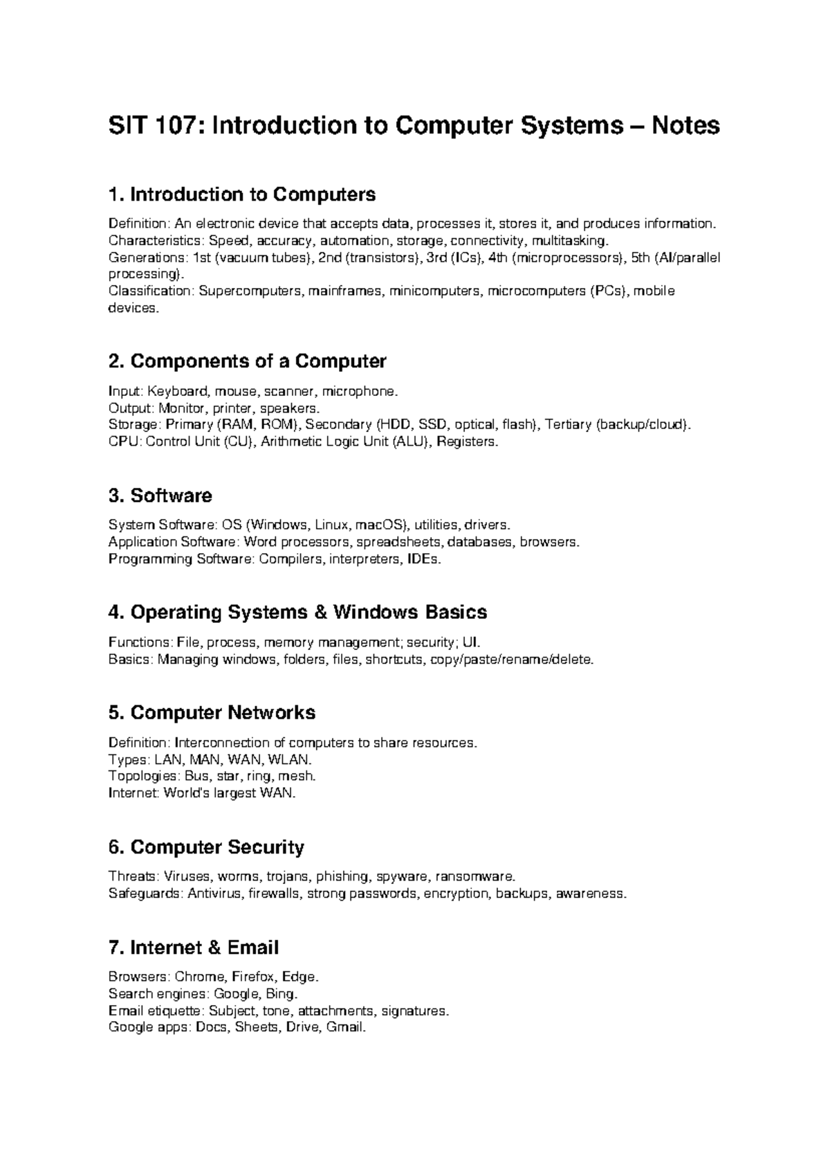 SIT 107: Intro to Computer Systems Comprehensive Notes - Studocu