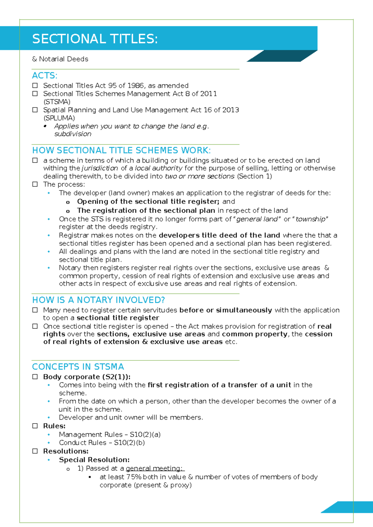 Sectional Titles & Notarial Deeds: Overview & Key Concepts - Studocu