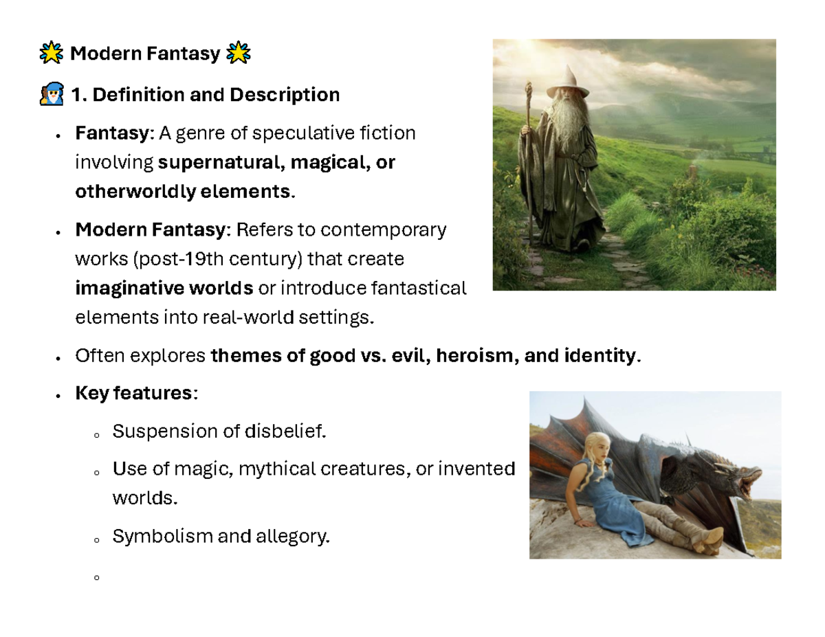 Modern Fantasy: Definition, History, and Key Subgenres - Lesson - Studocu