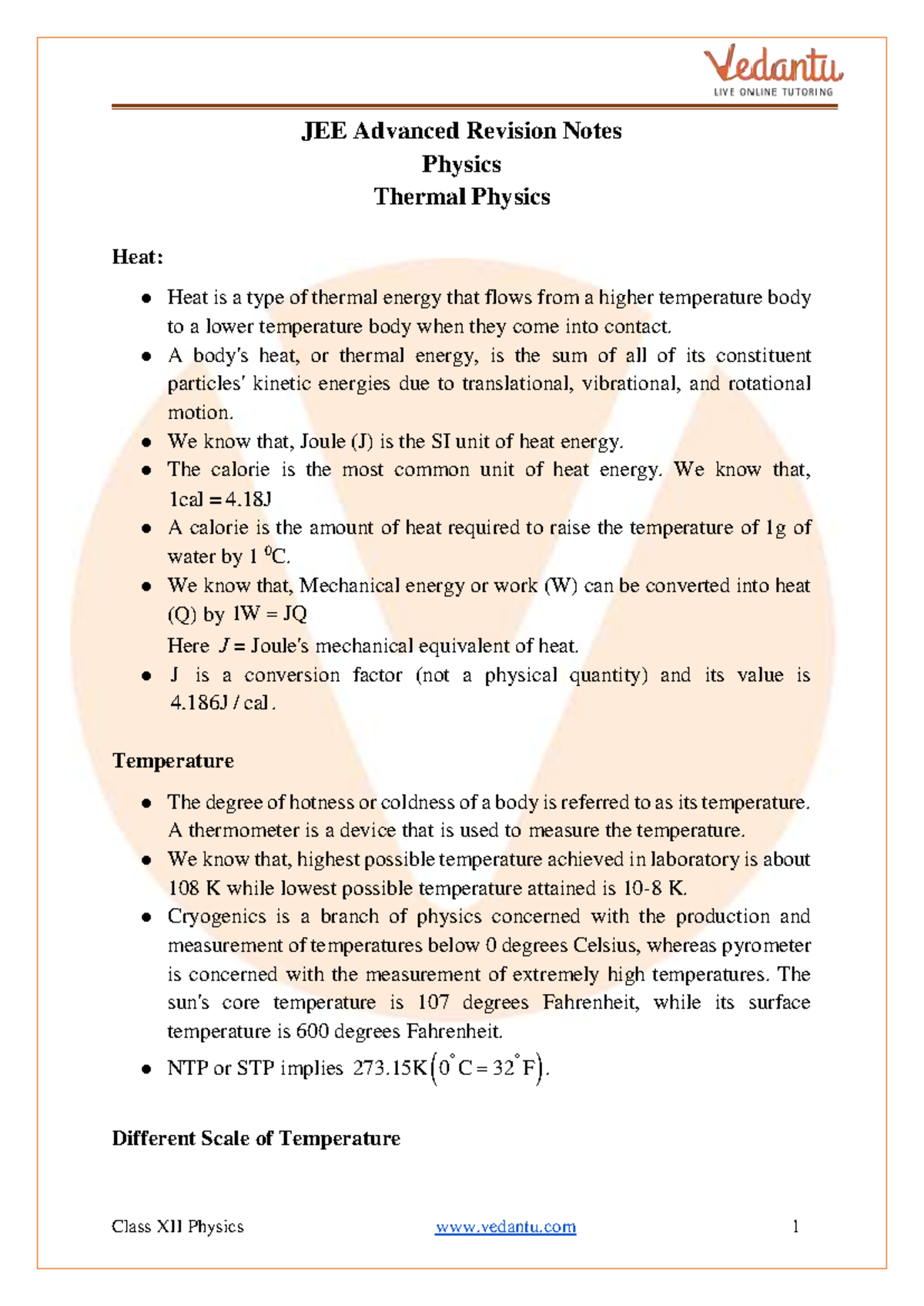 JEE Advanced Physics Revision Notes: Thermal Physics Concepts - Studocu