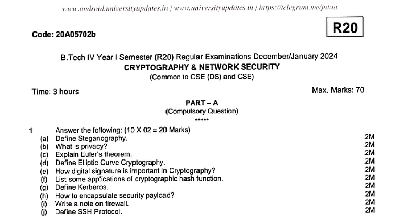 CNS - R20 20A05702b B.Tech IV Year I Sem Cryptography Exam QP 2024 - Studocu
