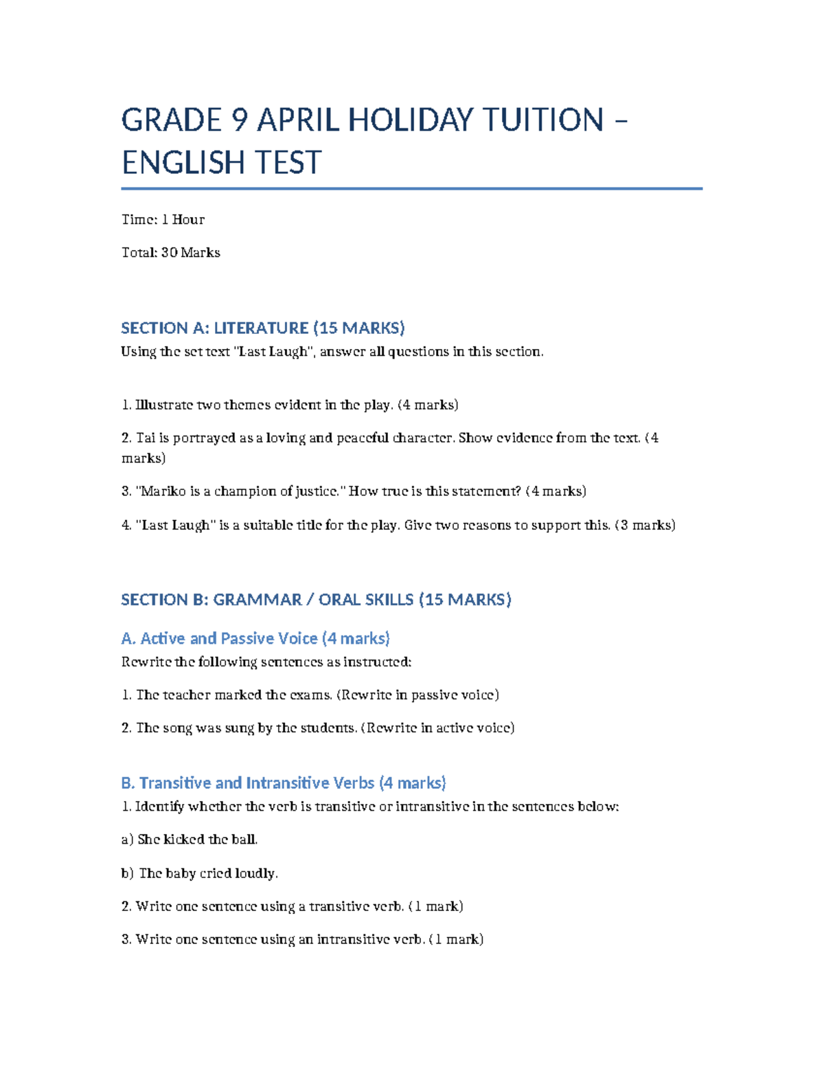 Grade 9 English Test - April Holiday Tuition Exam - Studocu