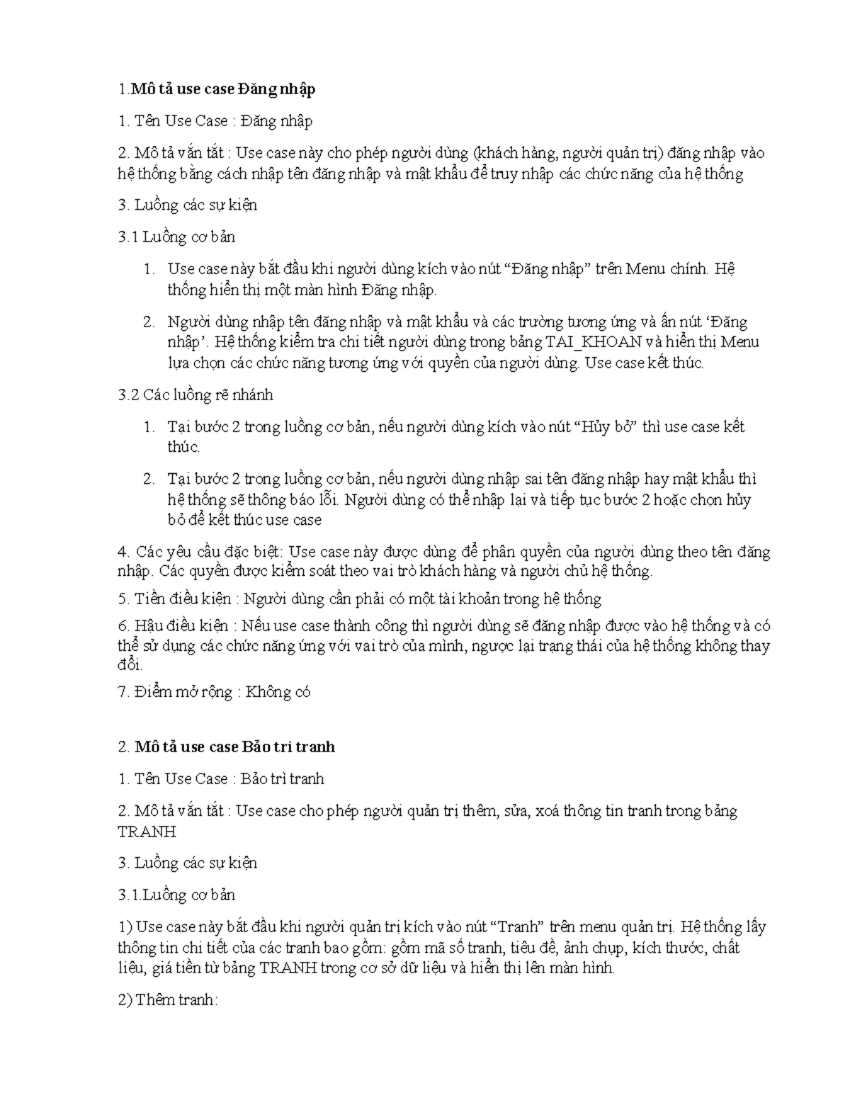 Mô tả Use Case Đăng Nhập và Quản Lý Tranh - Course Code: UC101 - Studocu