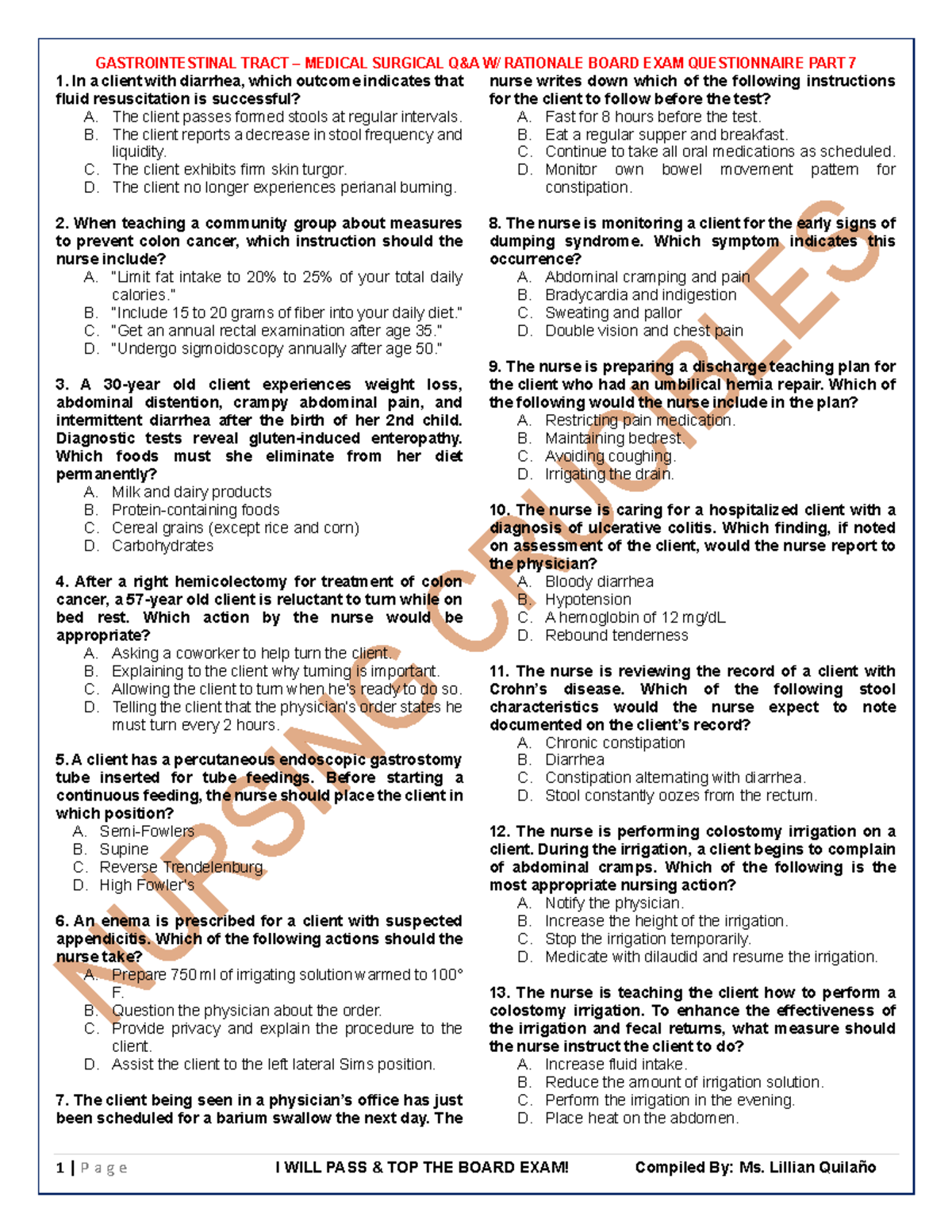 GASTRO 7: Medical-Surgical Rationale Board Exam Questionnaire - Studocu