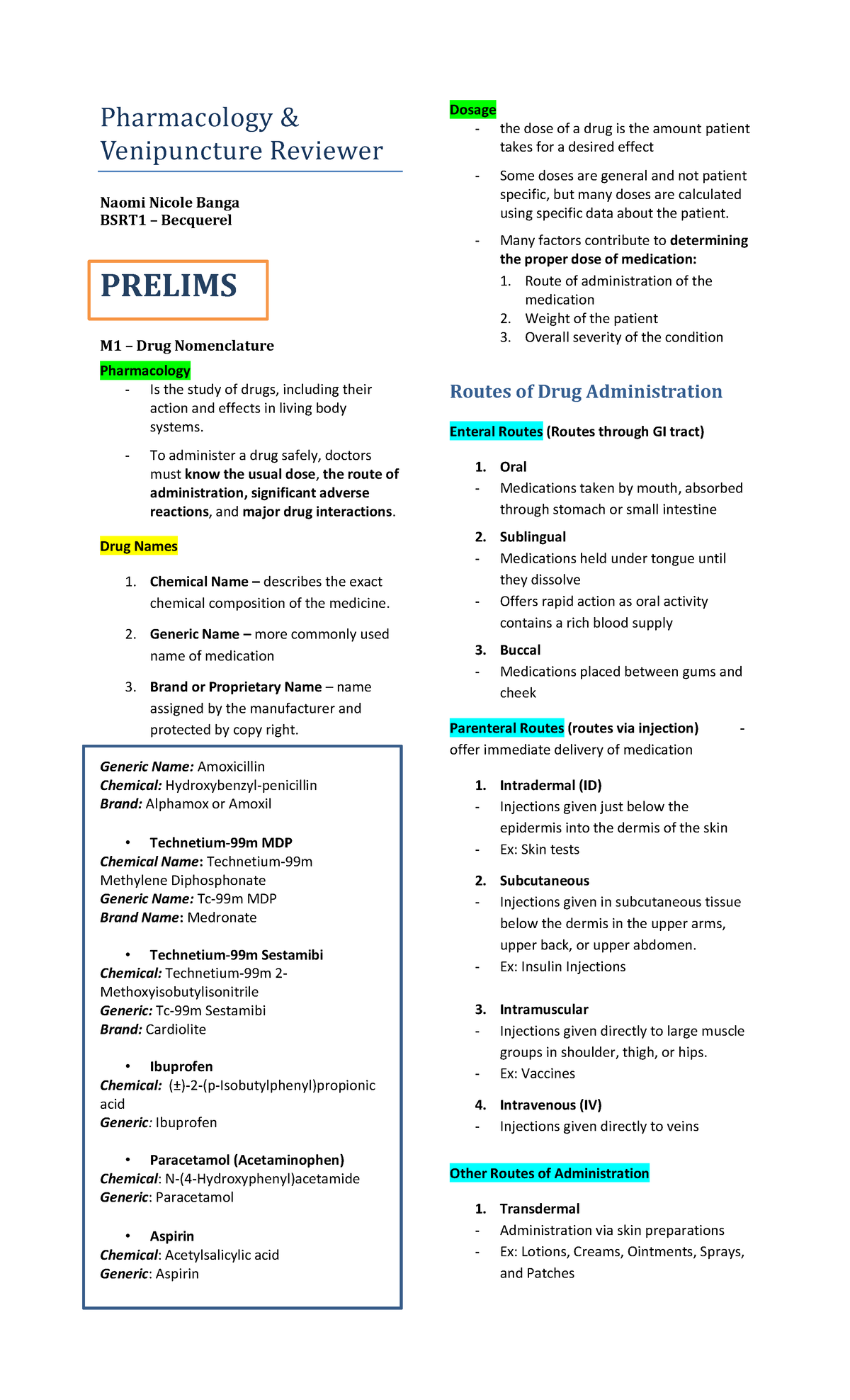 Pharmacology M1-M5 Venipuncture & Drug Dosage Review Guide - Studocu
