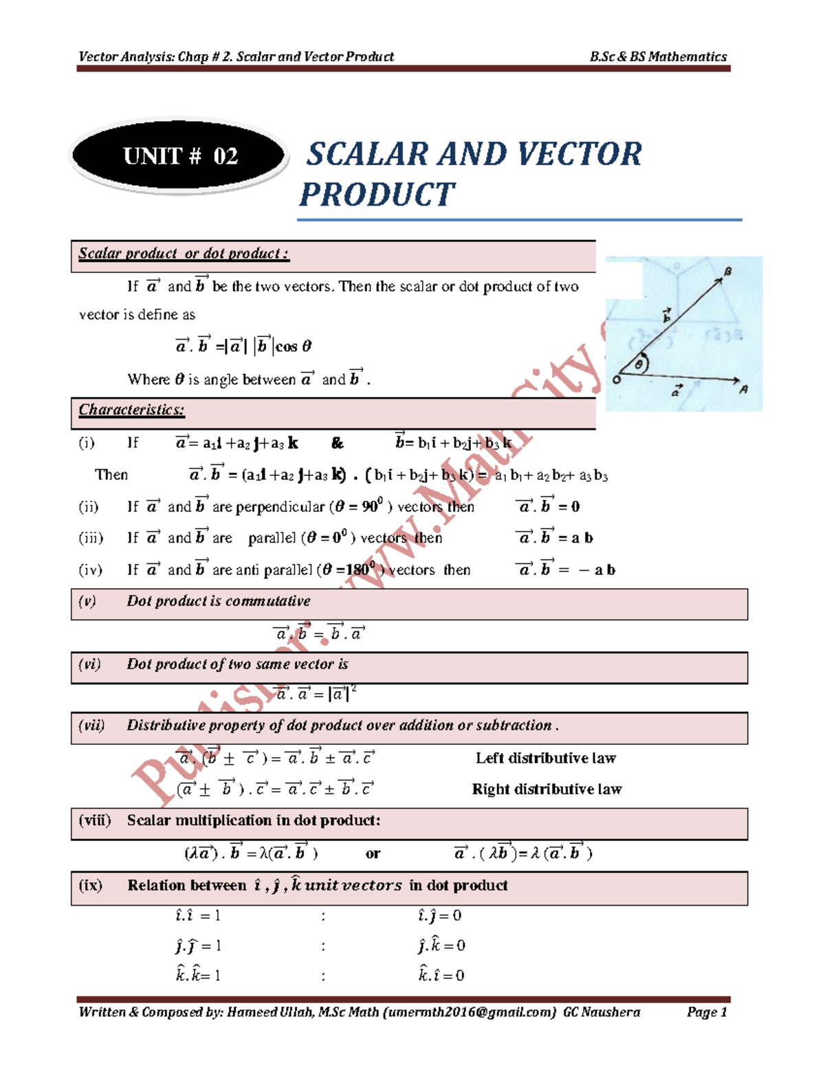 Chapter 2: Scalar and Vector Product in Vector Analysis (MA101) - Studocu