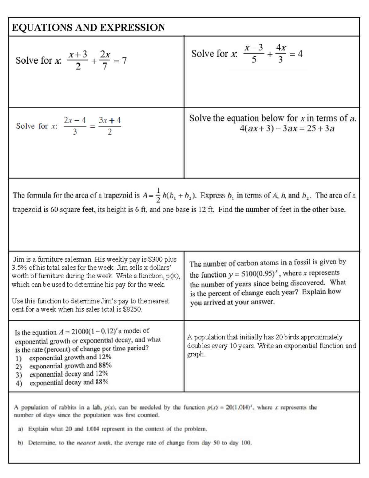 UNIT 4 EXAM Review: Equations, Expressions, and Graphing Techniques ...
