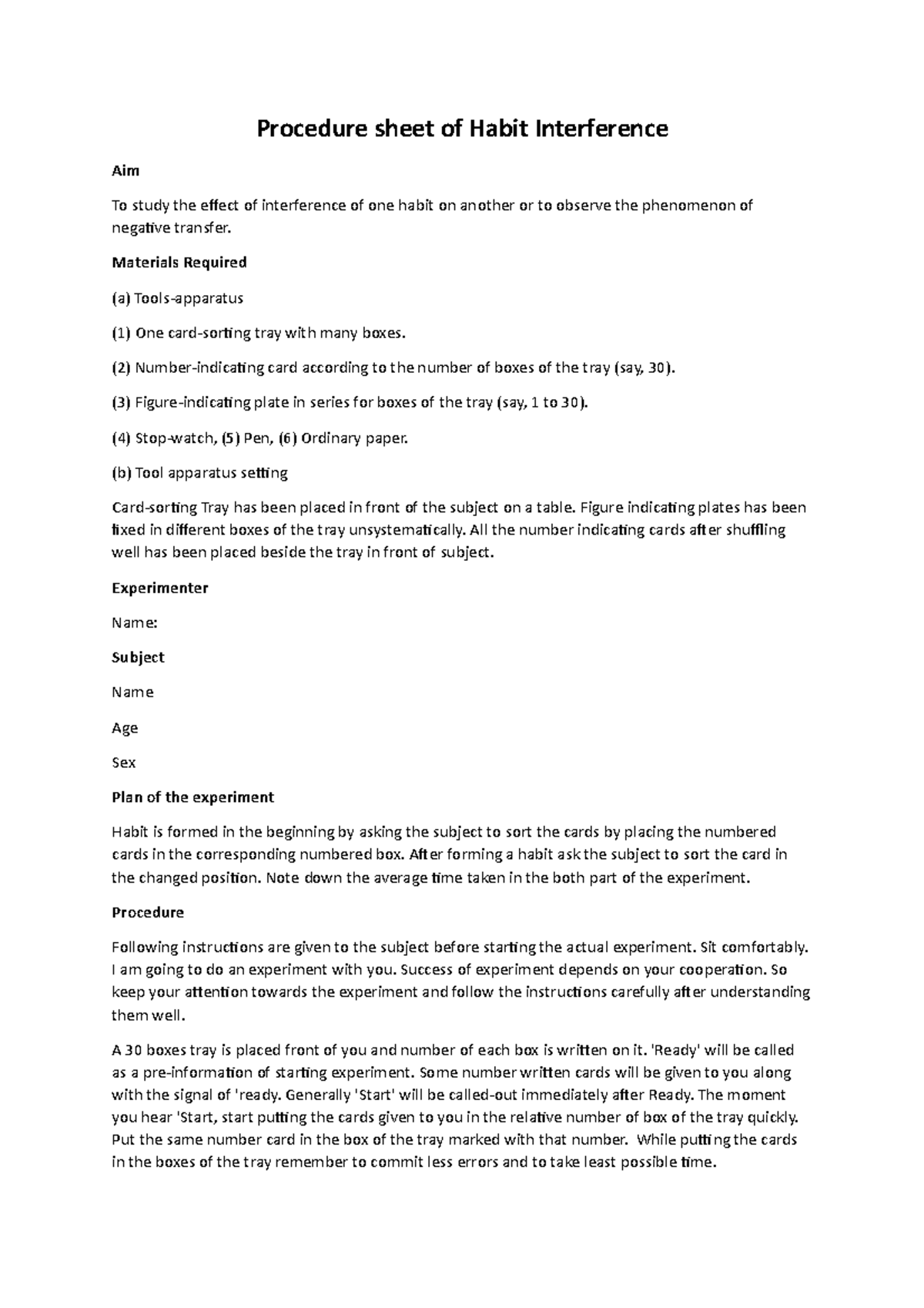 Habit interfernce proceduresheet - Psychology - MG University - Studocu