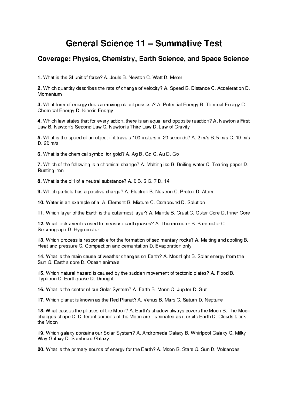 General Science 11 Summative Test: Physics, Chemistry, Earth & Space ...