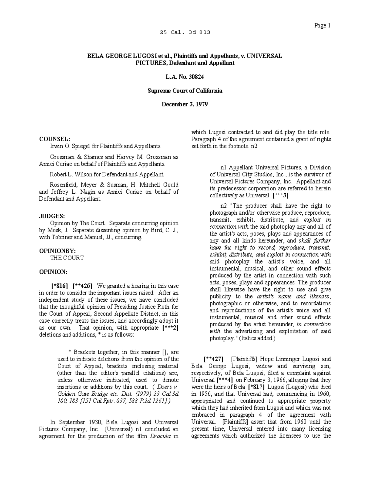 L.A. No. 30824: Bela Lugosi v. Universal Pictures - Case Summary and ...
