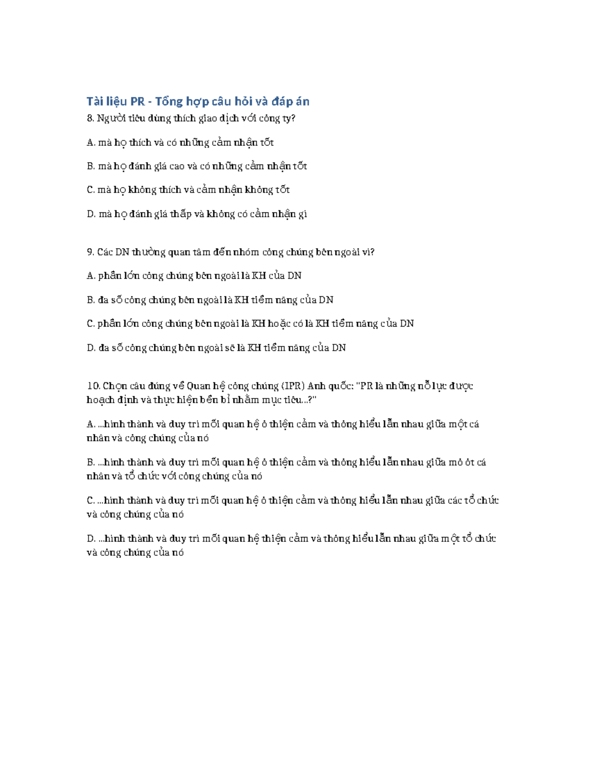 PR Document - nooo - Tài liệu PR - Tổng hợp câu hỏi và đáp án Ng ười tiêu dùng thích giao d ch v ...