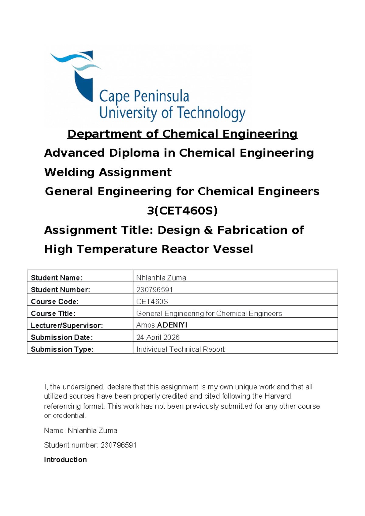 CET460S Assignment: Design & Fabrication of High Temp Reactor Vessel ...