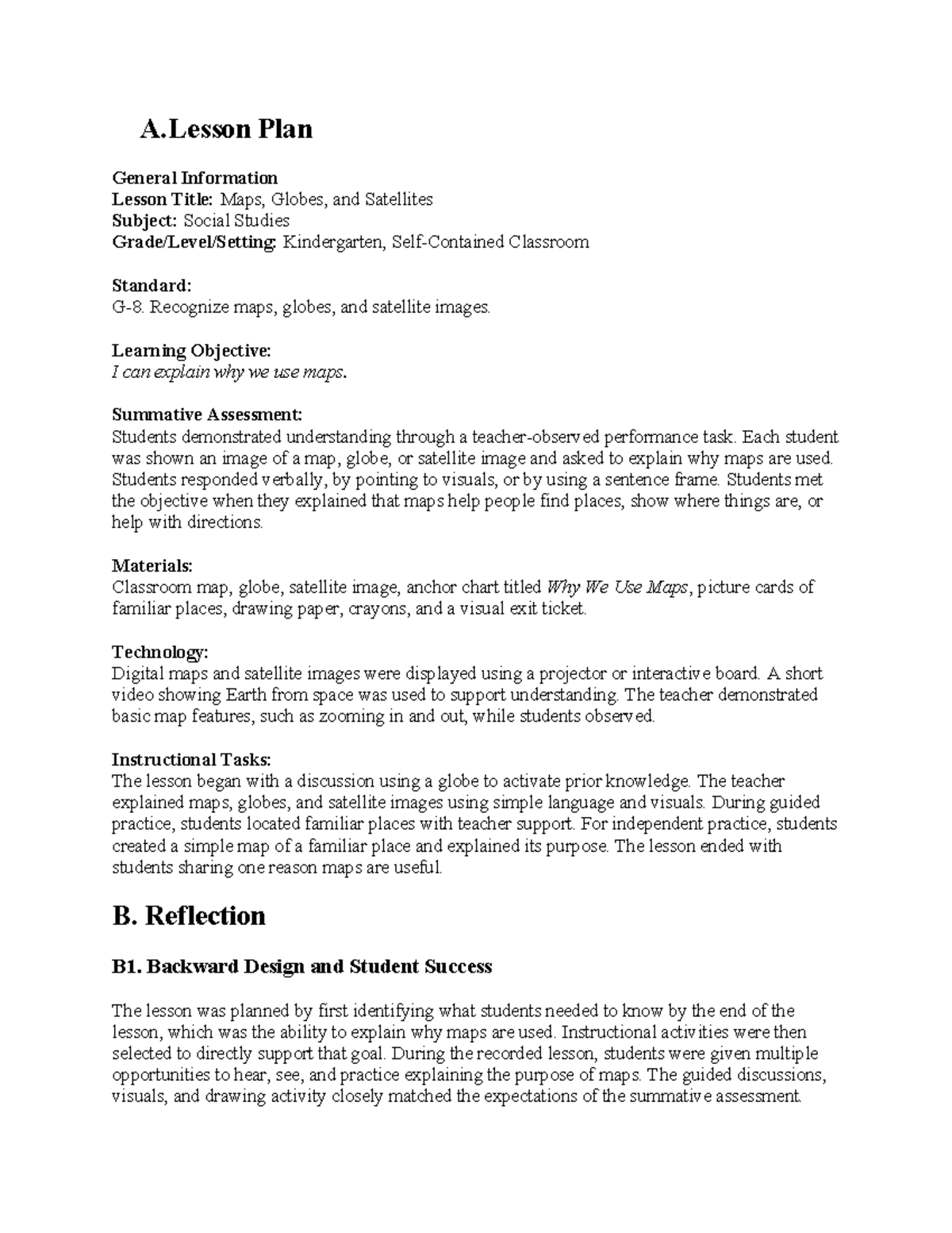 Lesson Plan Reflection: Maps, Globes, and Satellites (K.SS) - Studocu