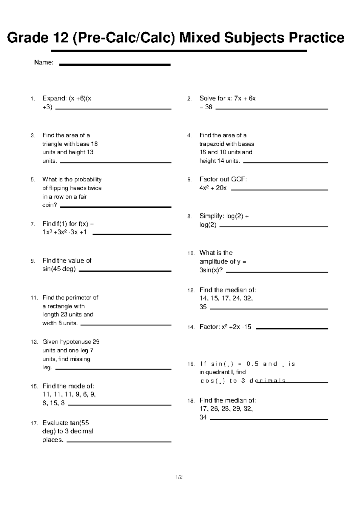 Grade 12 (Calc) Mixed Subjects Practice Problems - Studocu