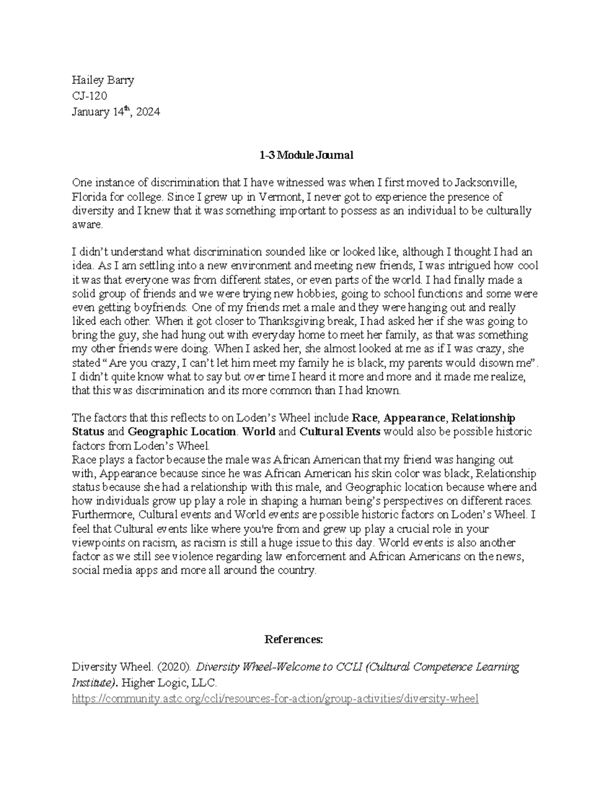 CJ 120 Module 1 Journal: Reflections on Discrimination and Diversity ...
