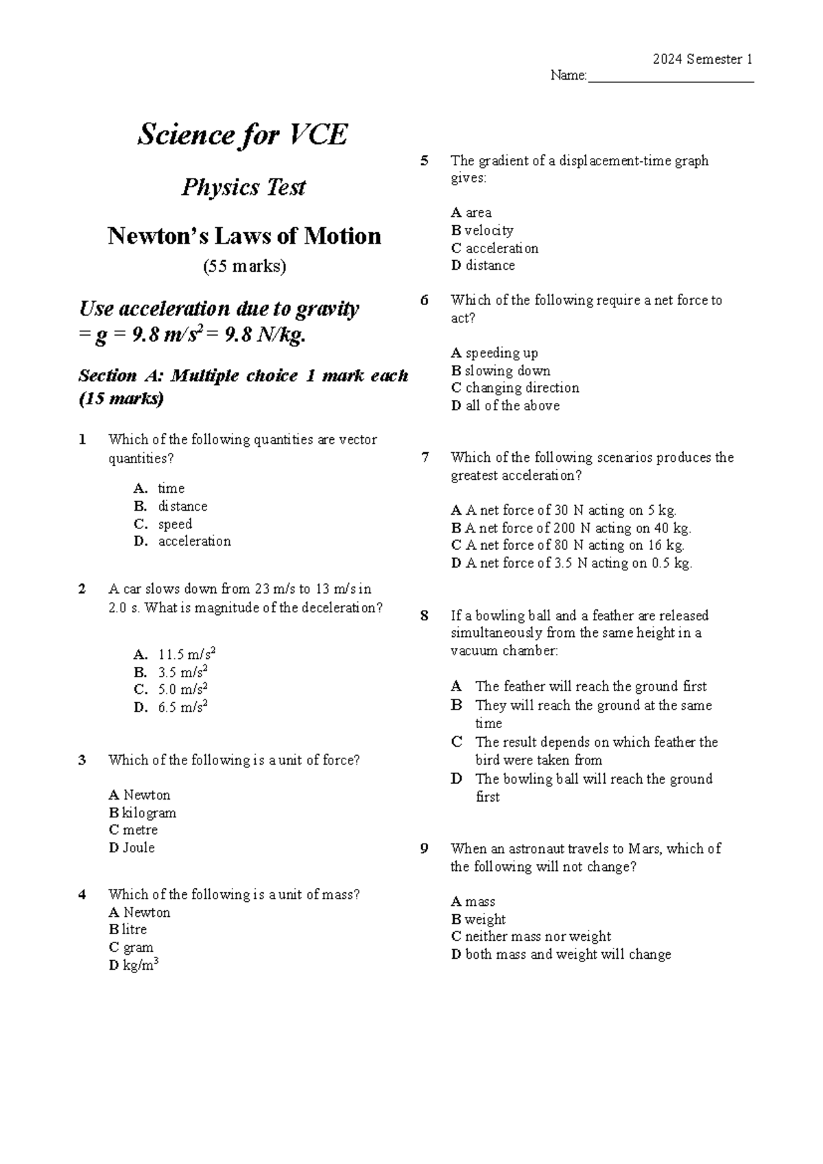 2024 VCE 5 Physics Semester 1 Test: Newton's Laws & Motion - Studocu