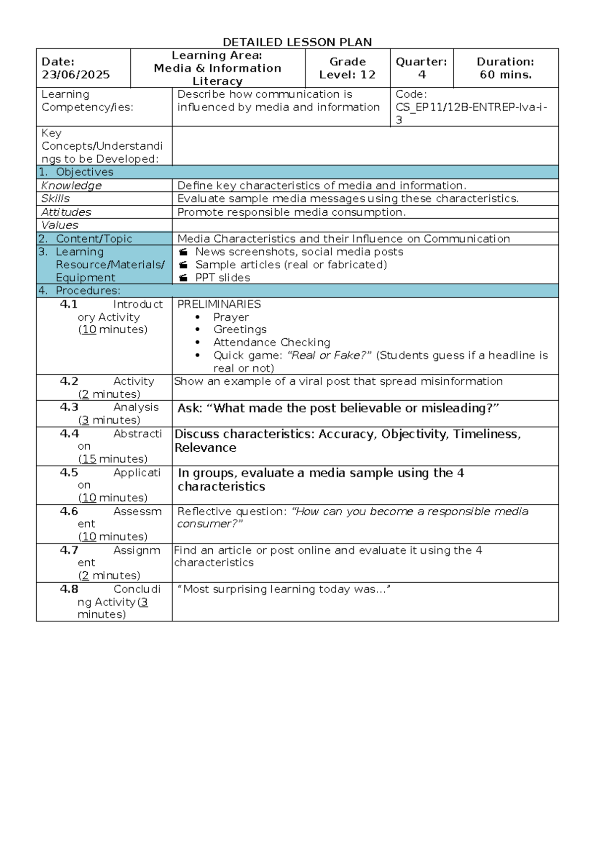Grade 12 Media Information Literacy Detailed Lesson Plan - Studocu