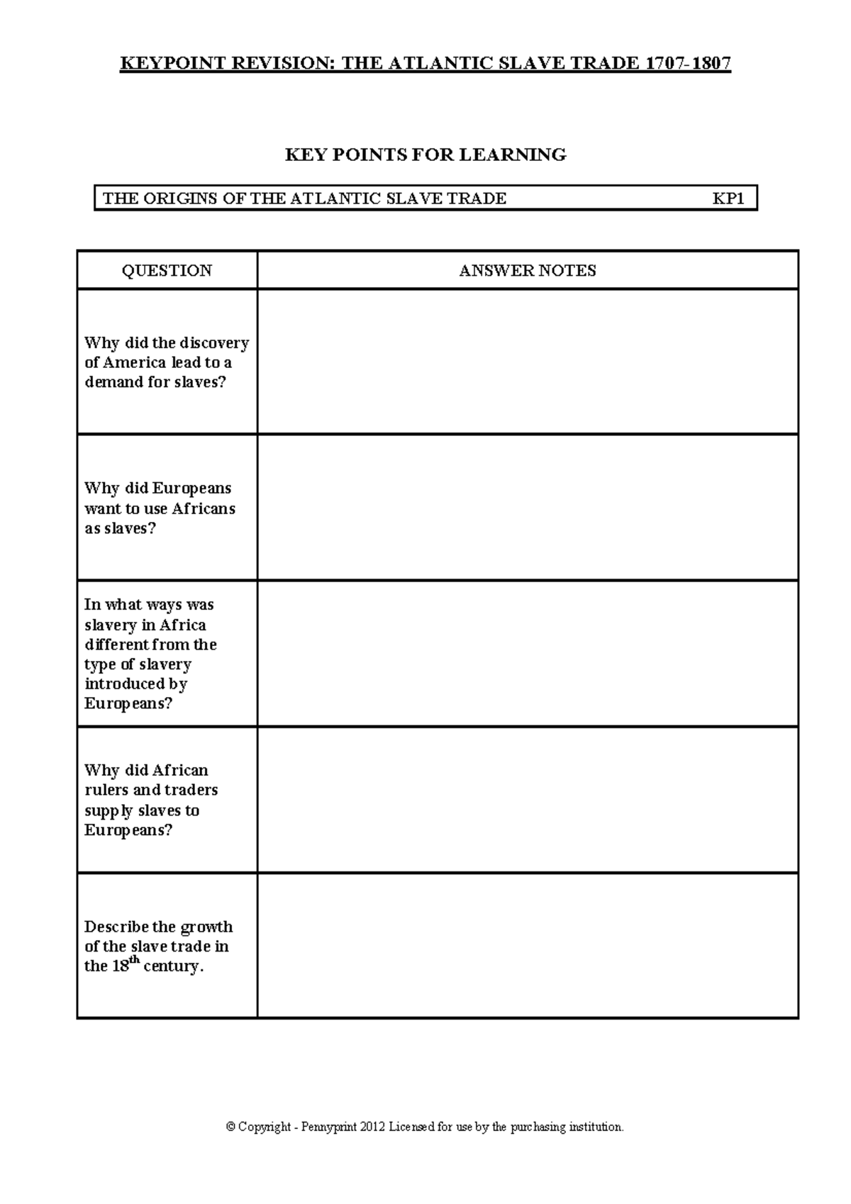 KEYPOINT REVISION: THE ATLANTIC SLAVE TRADE LEARNING NOTES - Studocu