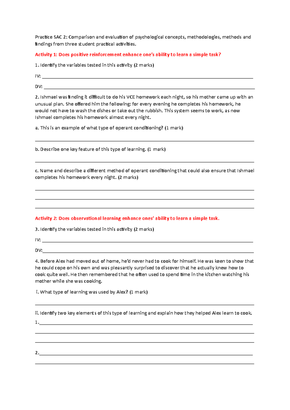 Unit 3 Psychology Practice SAC 2: Concepts & Methodologies Evaluation ...