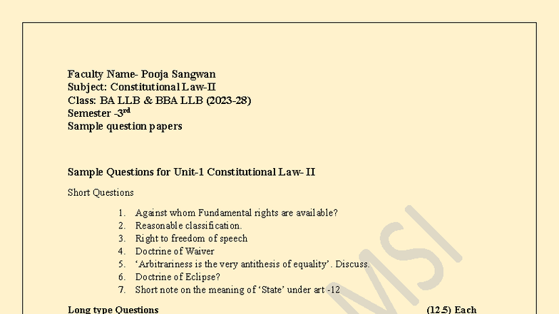 Constitutional II: Previous Year Question Papers & Sample Qs for BA LLB ...