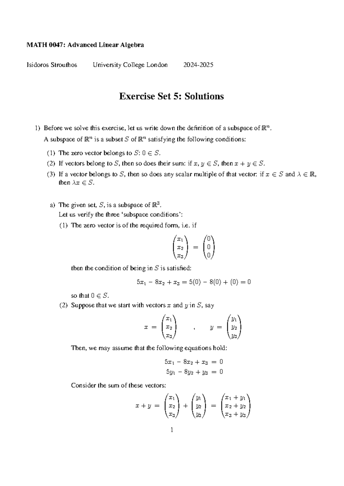 MATH 0047: Advanced Linear Algebra Exercise Set 5 Solutions - Studocu