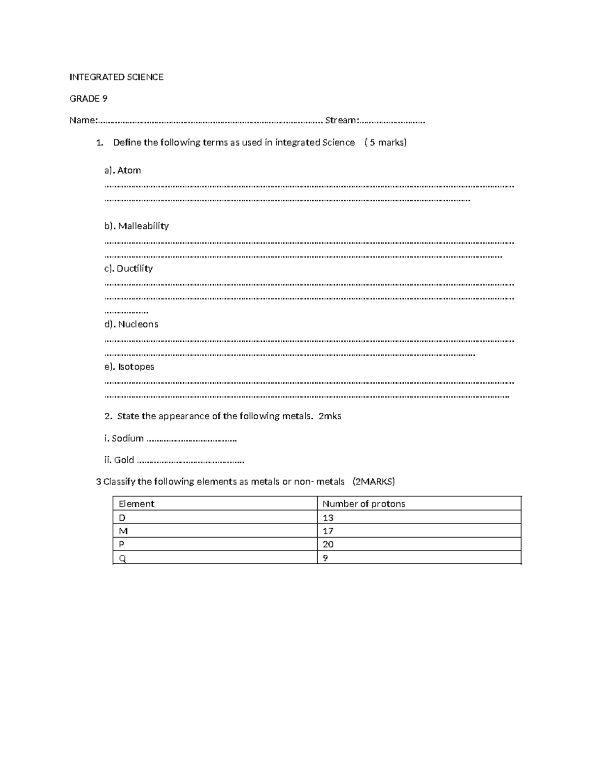 Grade 9 Integrated Science Quiz - Key Concepts and Definitions - Studocu
