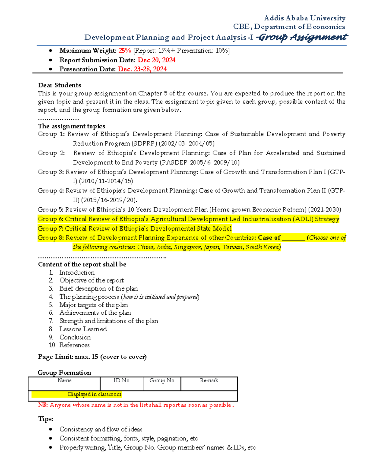 DPPA-I Group Assignment-Sec1 2024 - Addis Ababa University CBE, Department of Economics ...