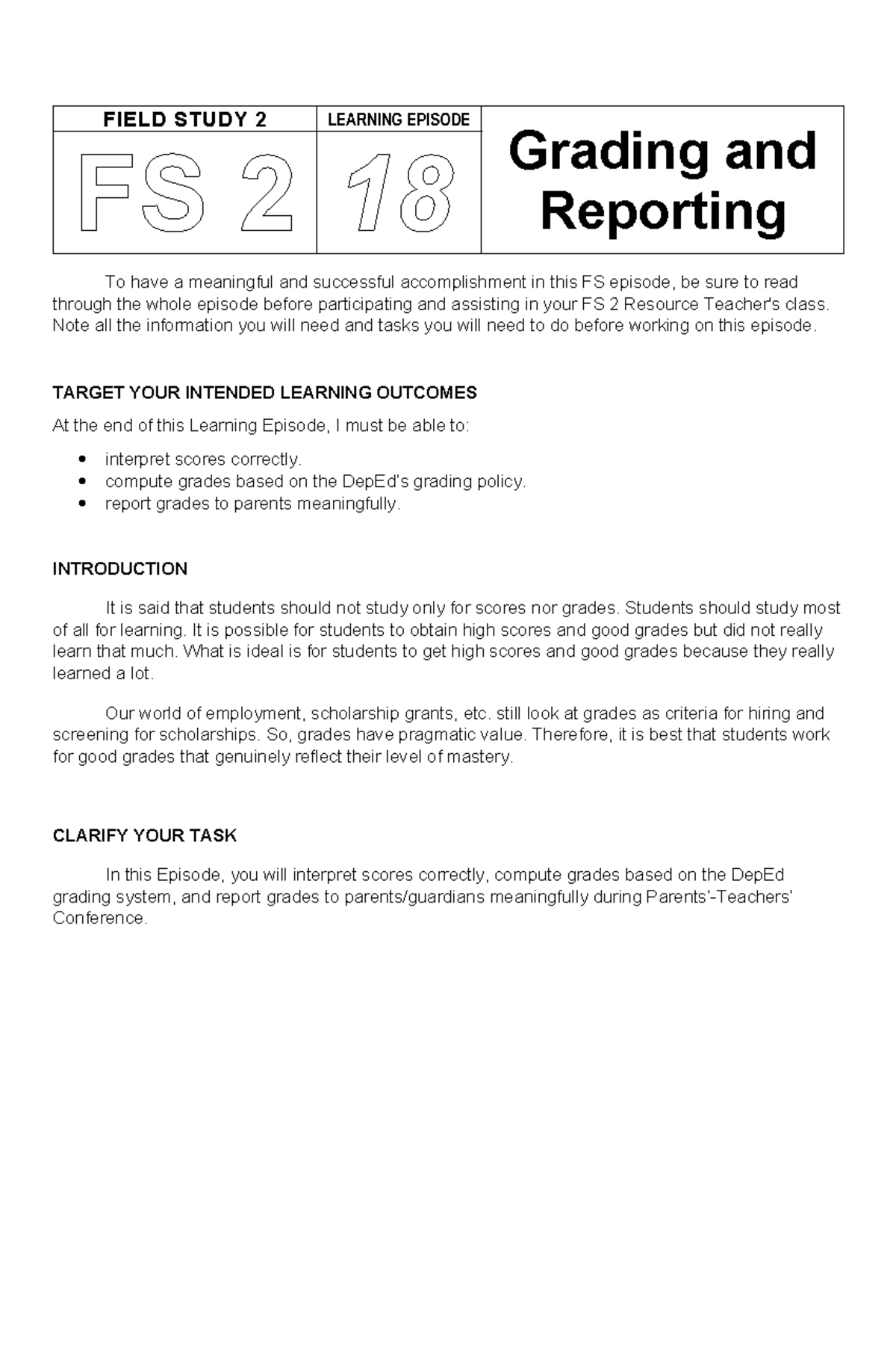 FS2 - Episode 18: Grading, Reporting, and Parent-Teacher Conferences - Studocu