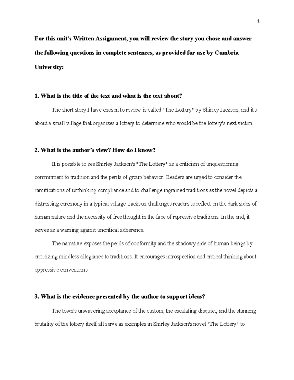 ENG 102 Written Assignment: Analyzing "The Lottery" by Jackson - Studocu