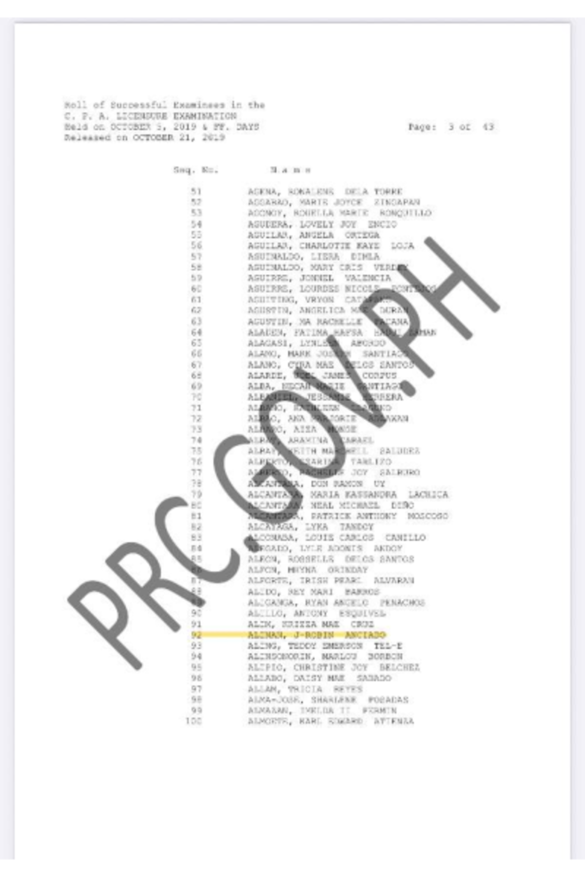 Roll of Successful Examinees in the CPA Licensure Exam - Oct 2019 - Studocu