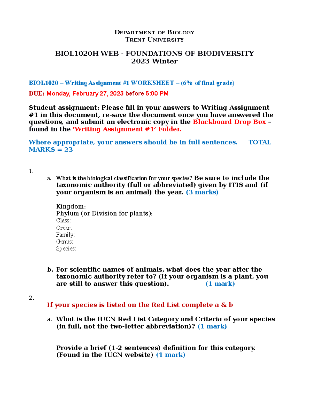 Writing Assignment #1 Worksheet 2023 - DEPARTMENT OF BIOLOGY TRENT ...