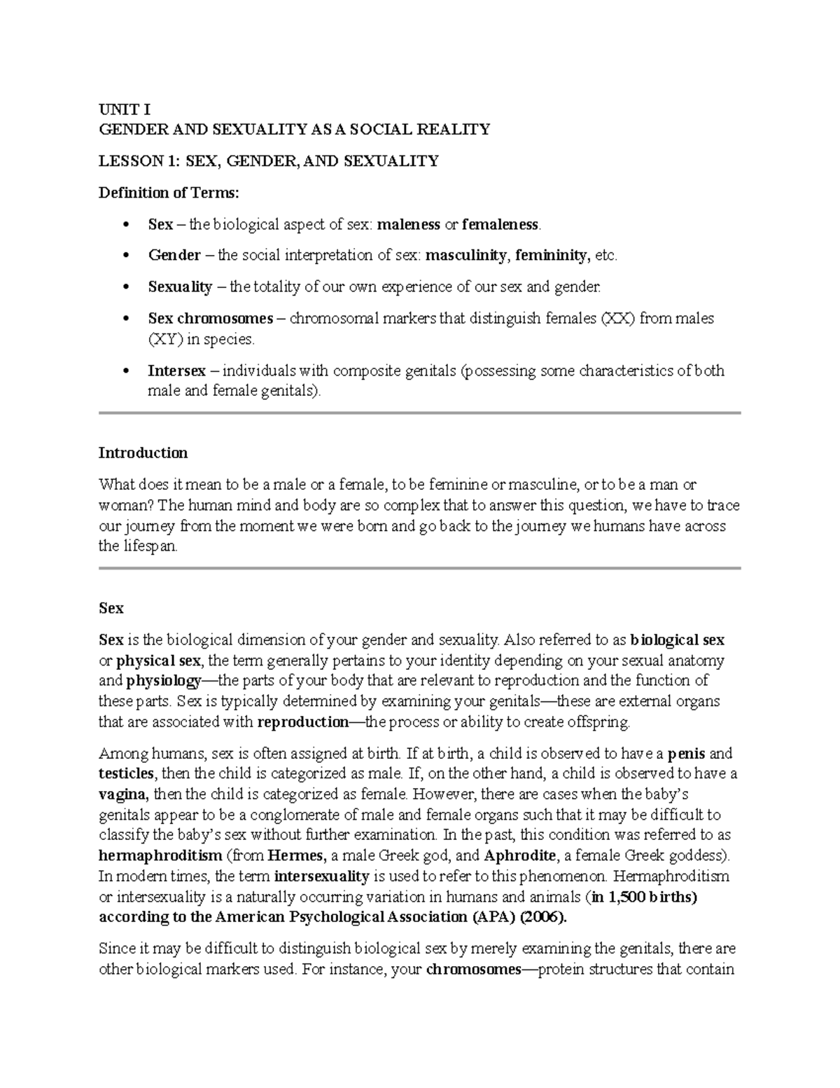 GE 9 - Unit 1 - Lesson 1 - Thank you - UNIT I GENDER AND SEXUALITY AS A ...