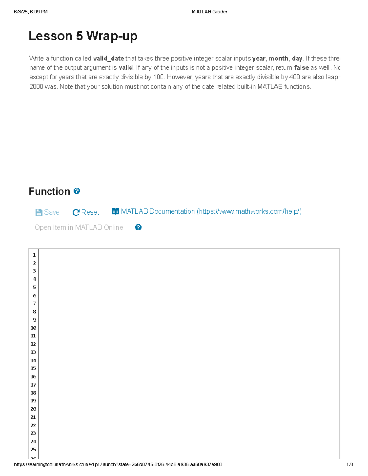 MATLAB Grader Lesson 5: Function to Validate Dates - Studocu