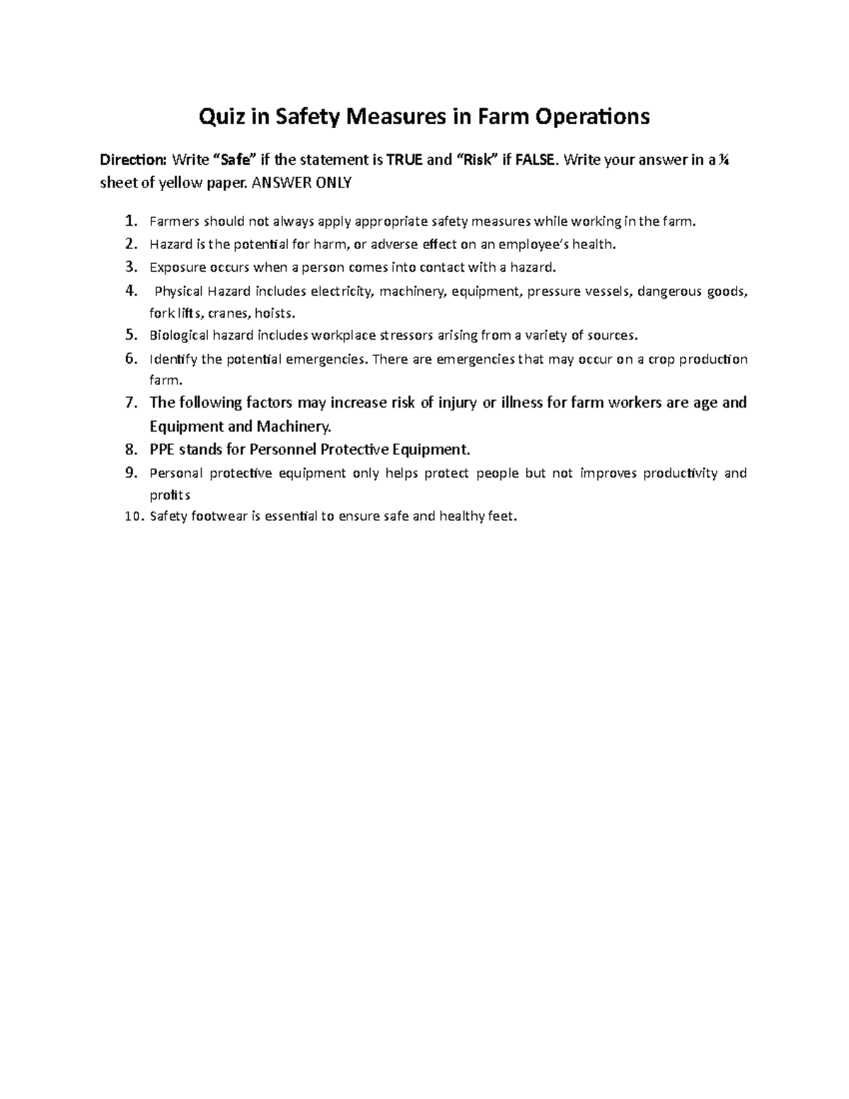 Quiz: Safety Measures in Farm Operations - Studocu