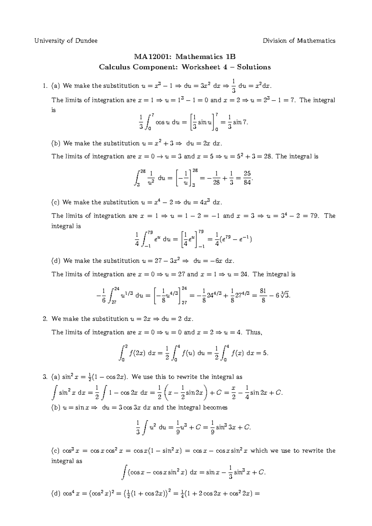MA12001 Calculus Worksheet 4 Solutions - University of Dundee Division ...