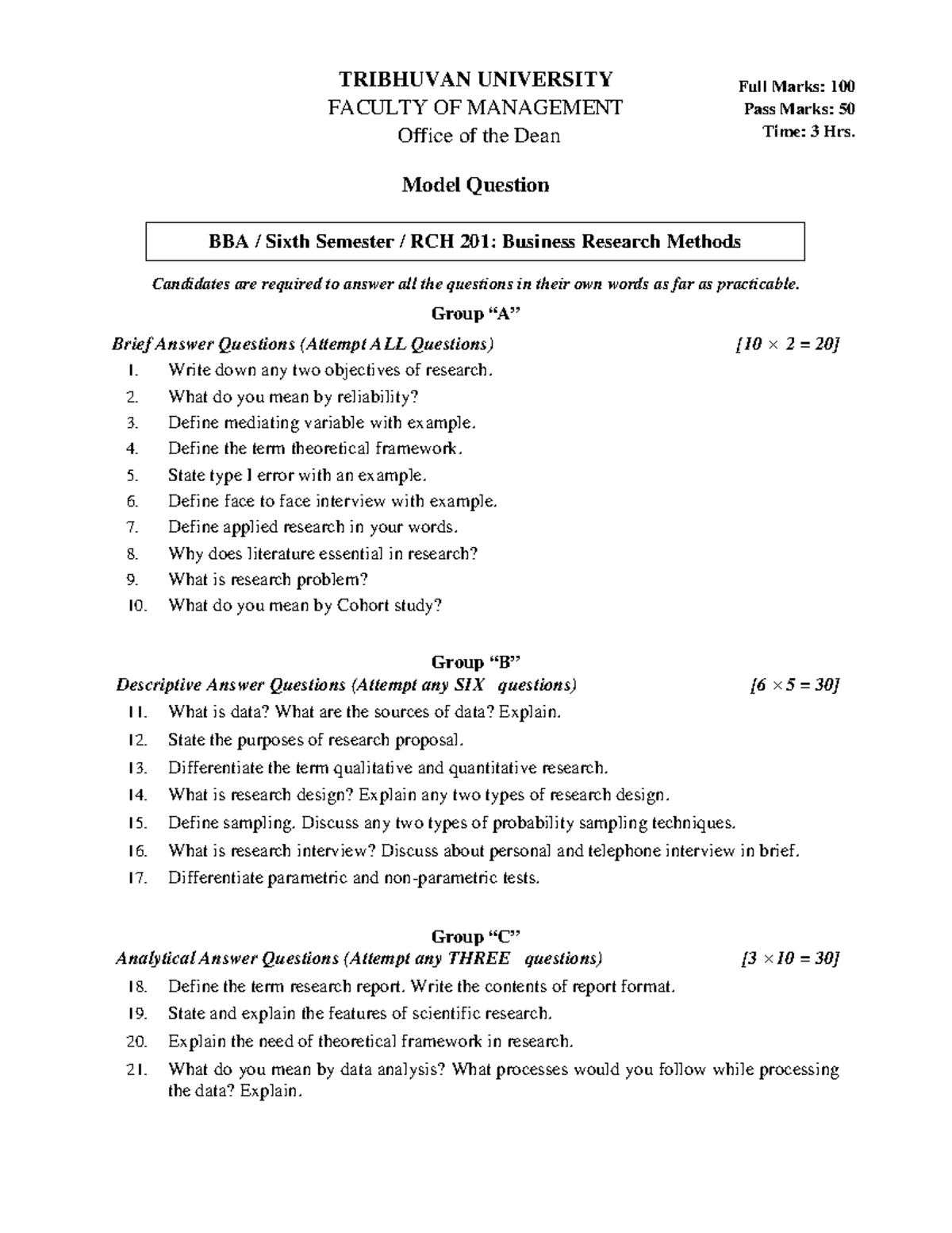 Model Questions for BBA/BBM 6th Semester - 2025: Business Research ...